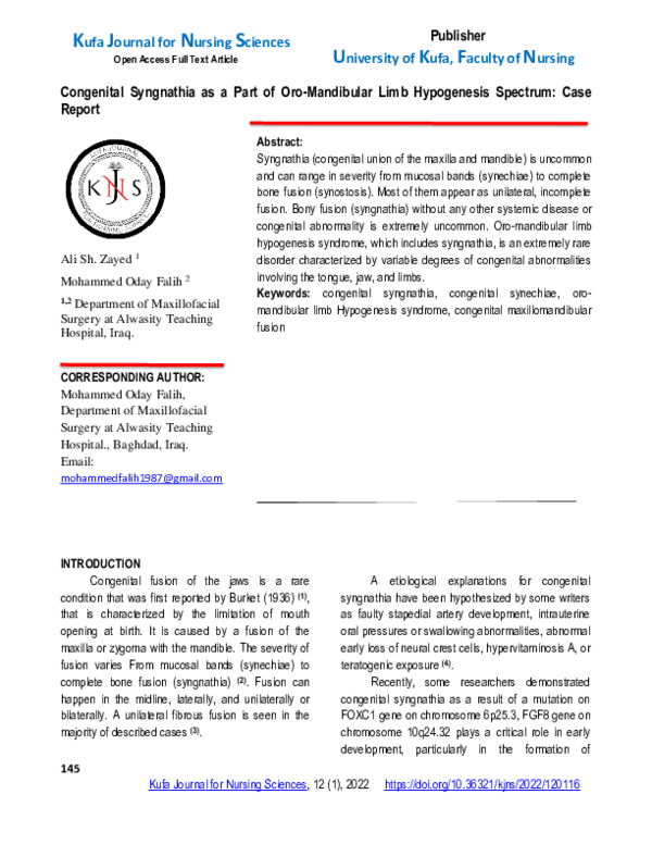 (PDF) Congenital Syngnathia as a Part of Oro-Mandibular Limb ...
