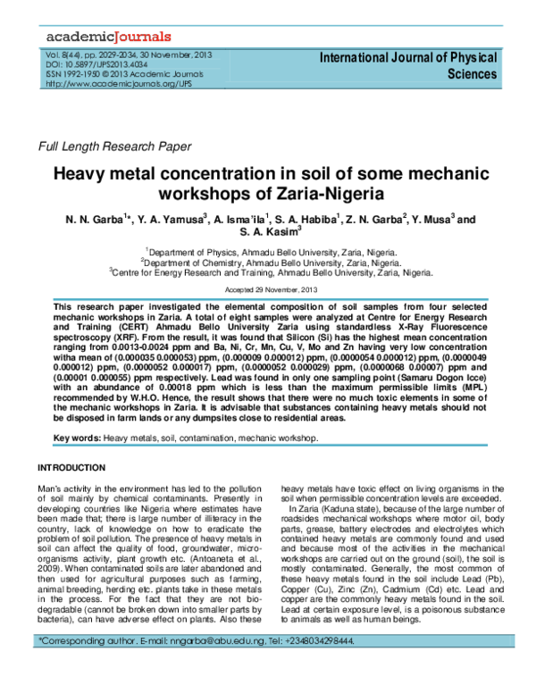 (PDF) Heavy metal concentration in soil of some mechanic workshops of ...
