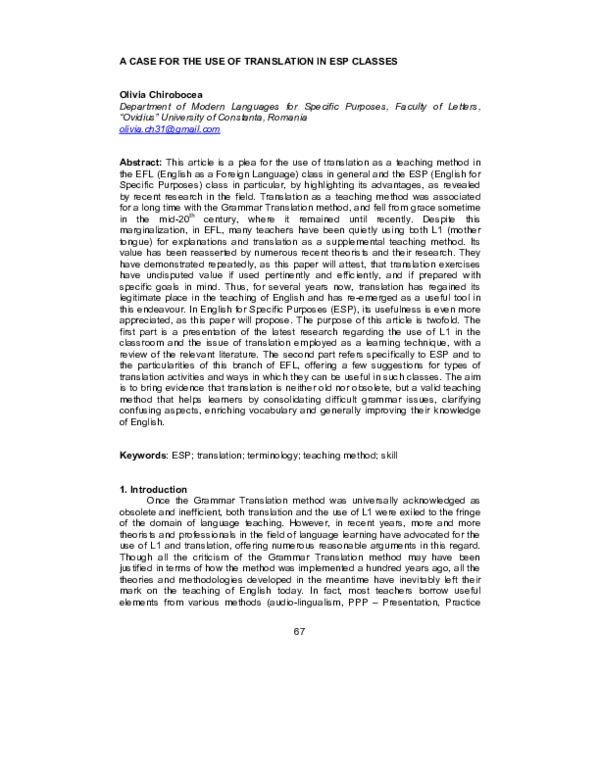 (PDF) A Case for the Use of Translation in Esp Classes