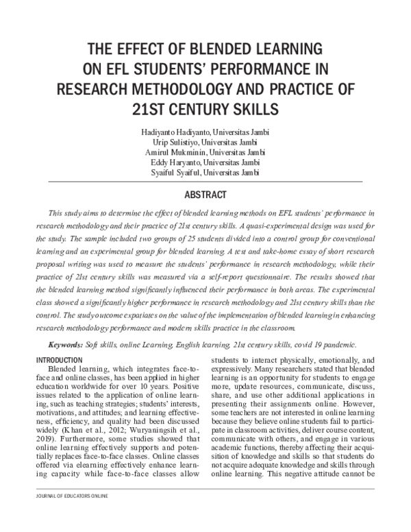 (PDF) THE EFFECT OF BLENDED LEARNING ON EFL STUDENTS' PERFORMANCE IN ... (PDF) THE EFFECT OF BLENDED LEARNING ON EFL STUDENTS' PERFORMANCE IN ...