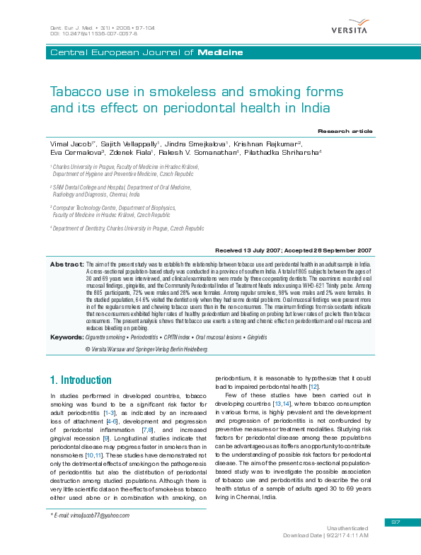 (PDF) Tabacco use in smokeless and smoking forms and its effect on periodontal health in India