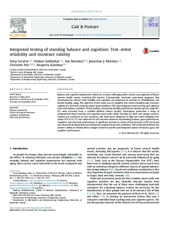Pdf Integrated Testing Of Standing Balance And Cognition Test Retest