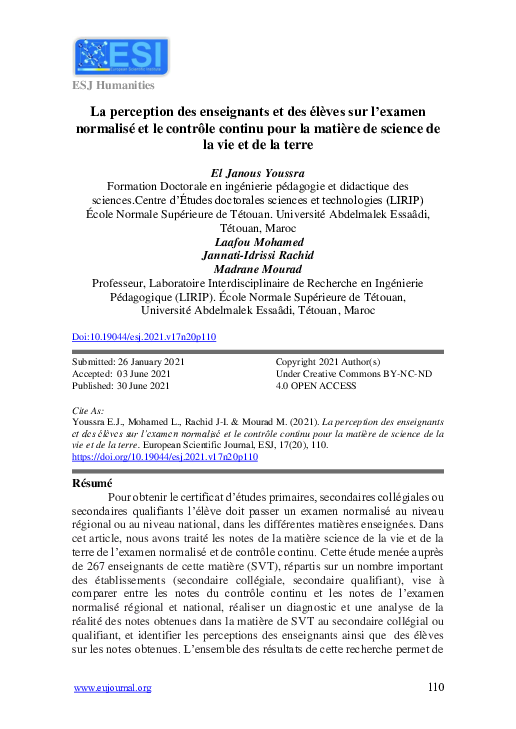 (PDF) La perception des enseignants et des élèves sur l’examen normalisé et le contrôle continu ...