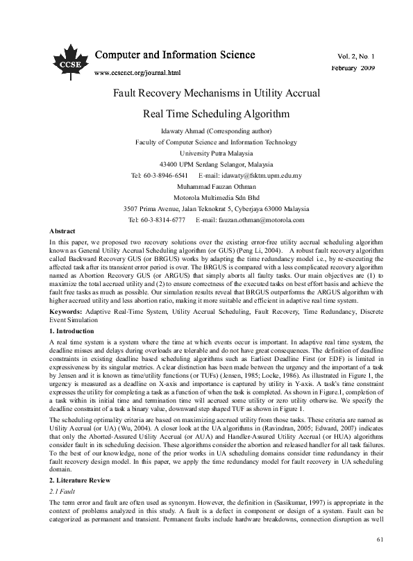 (PDF) Fault Recovery Mechanisms in Utility Accrual Real Time Scheduling Algorithm | Muhammad ...