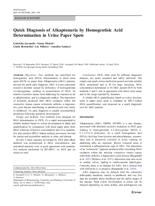 (PDF) Quick Diagnosis of Alkaptonuria by Homogentisic Acid ...