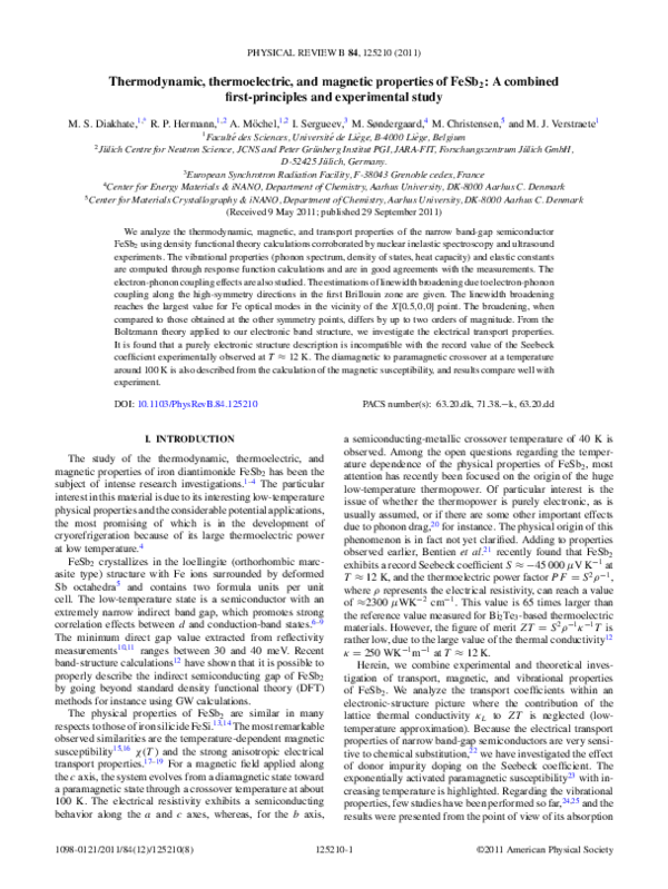 (PDF) Thermodynamic, thermoelectric, and magnetic properties of FeSb_{2}: A combined first ...