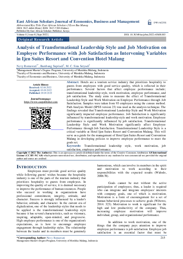 (PDF) Analysis of Transformational Leadership Style and Job Motivation on Employee Performance ...