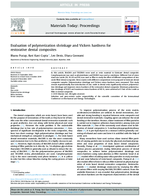 Pdf Evaluation Of Polymerization Shrinkage And Vickers Hardness For Restorative Dental Composites