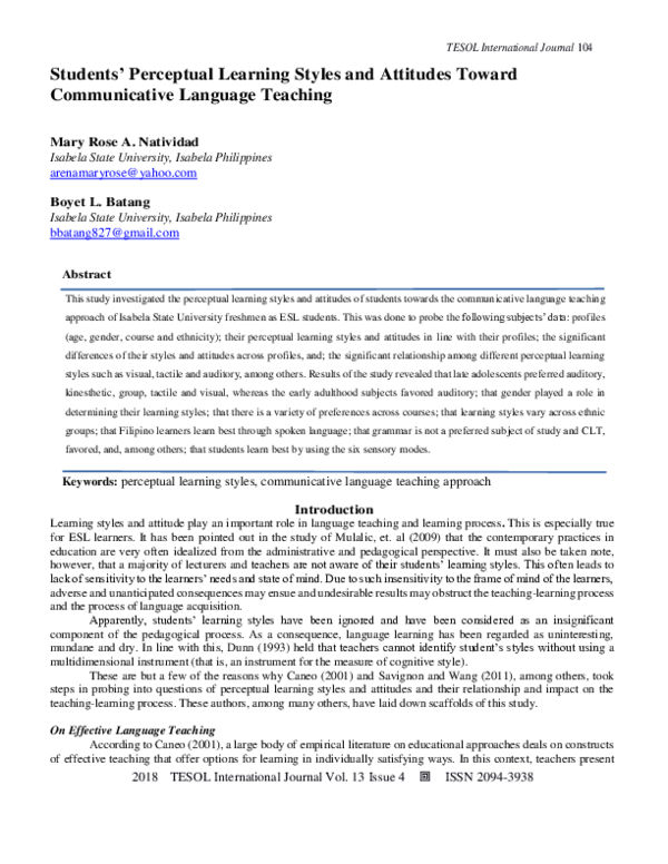 (PDF) Students’ Perceptual Learning Styles and Attitudes Toward Communicative Language Teaching