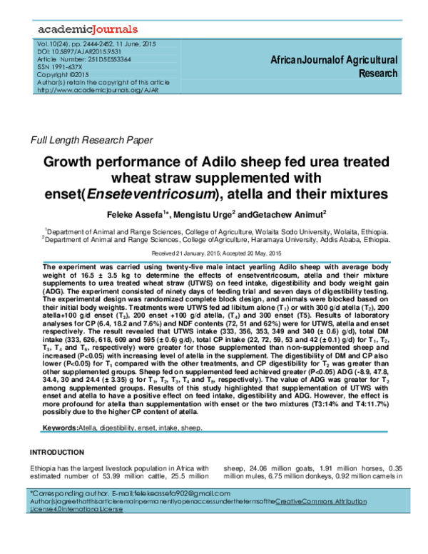 (PDF) Growth performance of Adilo sheep fed urea treated wheat straw ...