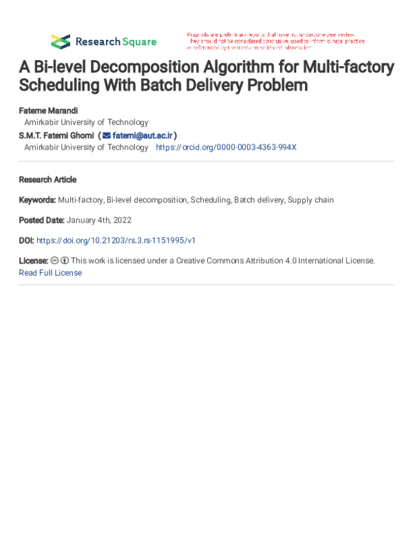 Pdf A Bi Level Decomposition Algorithm For Multi Factory Scheduling With Batch Delivery Problem