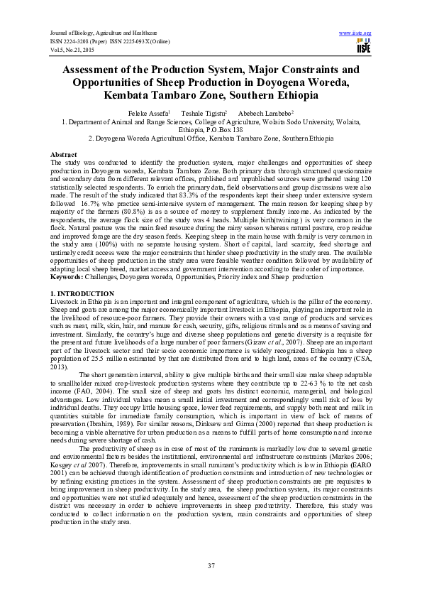 (PDF) Assessment of the Production System, Major Constraints and Opportunities of Sheep ...