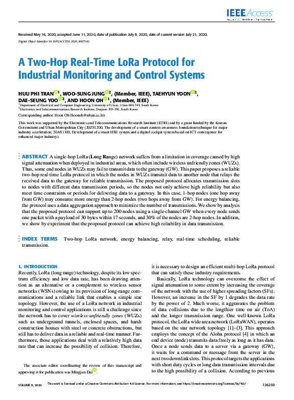 Pdf A Two Hop Real Time Lora Protocol For Industrial Monitoring And Control Systems