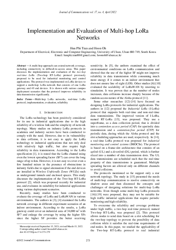 (PDF) Implementation and Evaluation of Multi-hop LoRa Networks
