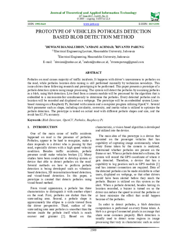 (PDF) Prototype of Vehicles Potholes Detection Based Blob Detection Method
