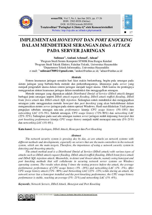 Pdf Implementasi Honeypot Dan Port Knocking Dalam Mendeteksi Serangan Ddos Attack Pada Server