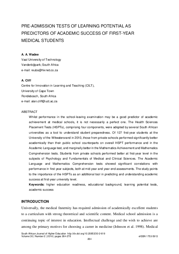 (PDF) Pre-admission tests of learning potential as predictors of ...