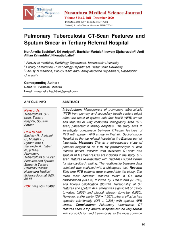 (PDF) Pulmonary Tuberculosis CT-Scan Features and Sputum Smear in ...