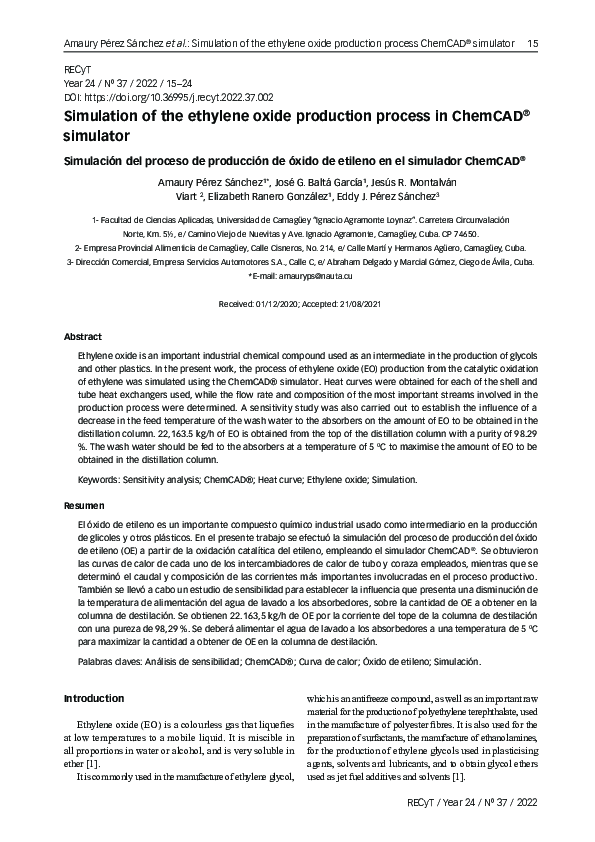 (PDF) Simulation of the ethylene oxide production process in ChemCAD ...