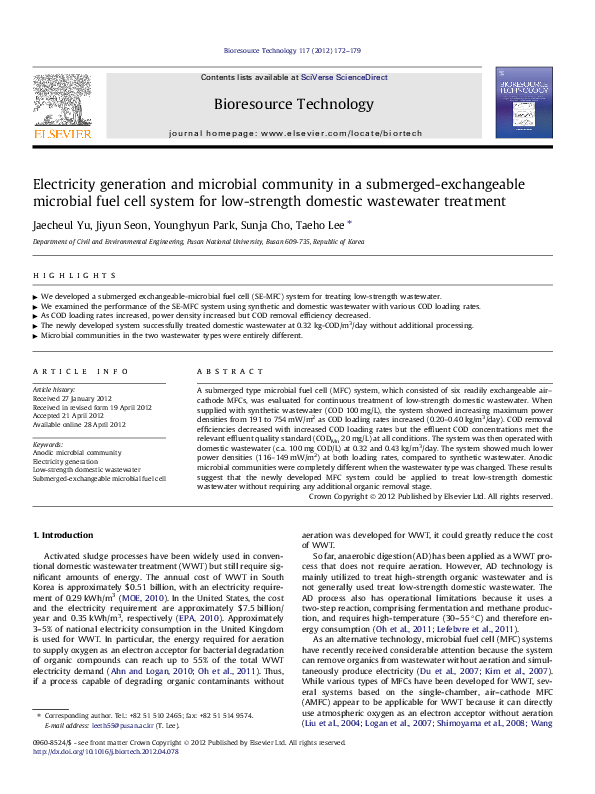 (PDF) Electricity generation and microbial community in a submerged ...