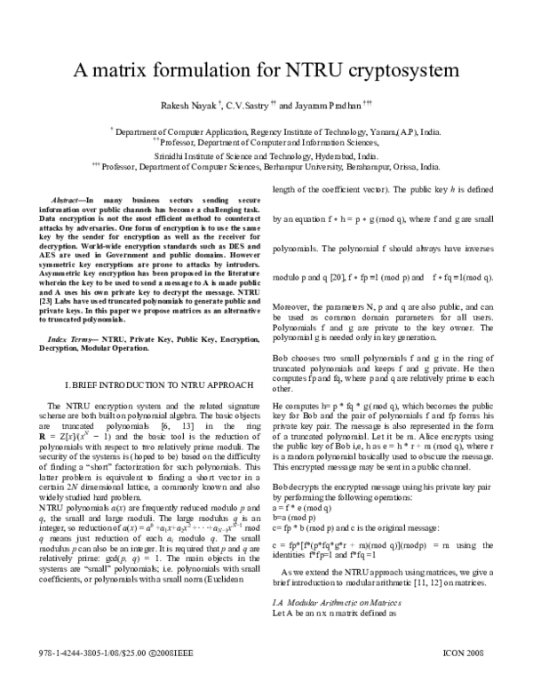 (PDF) Matrix Approach for NTRU Cryptosystem