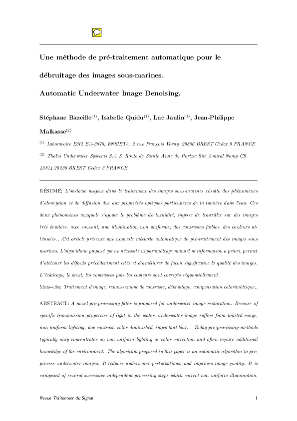(PDF) Automatic Underwater Image Denoising | Isabelle Quidu - Academia.edu