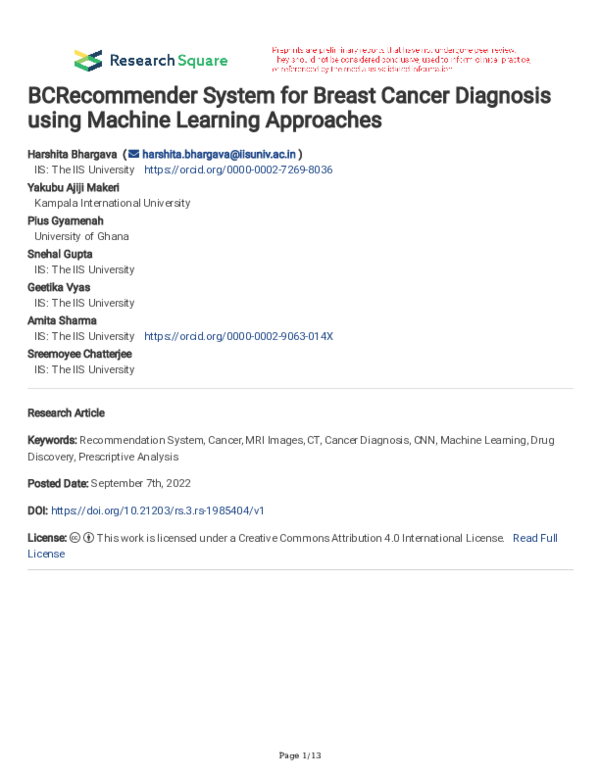 (PDF) BCRecommender System for Breast Cancer Diagnosis using Machine ...