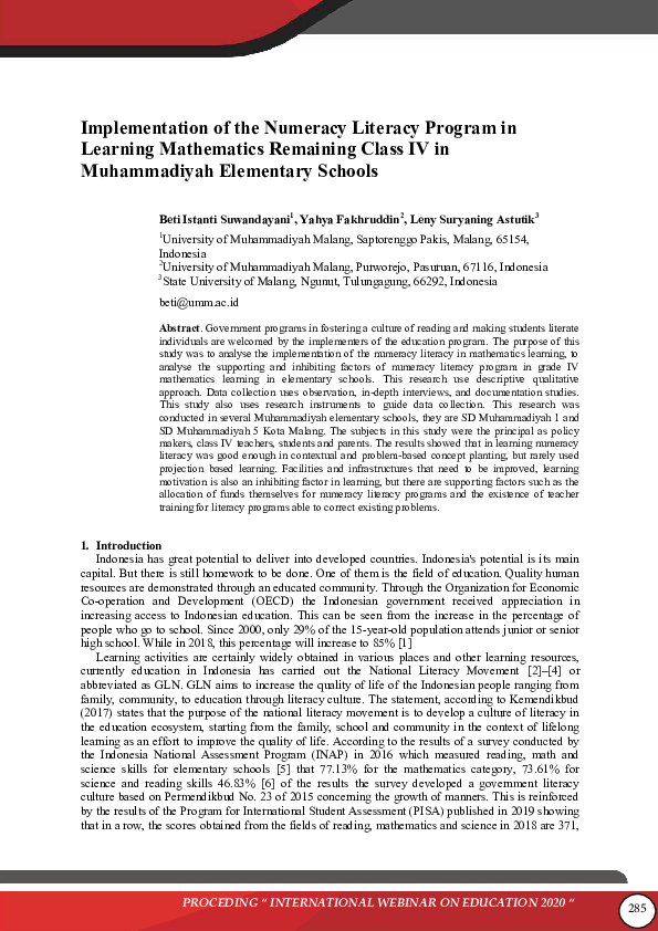 (PDF) Implementati n of he Numeracy Lit racy Program in Learning Mathematics Remaining Class IV ...