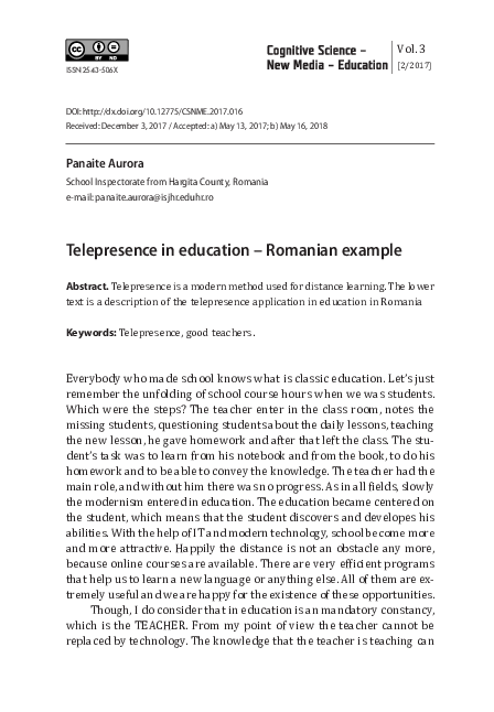 (PDF) Telepresence in education - Romanian example