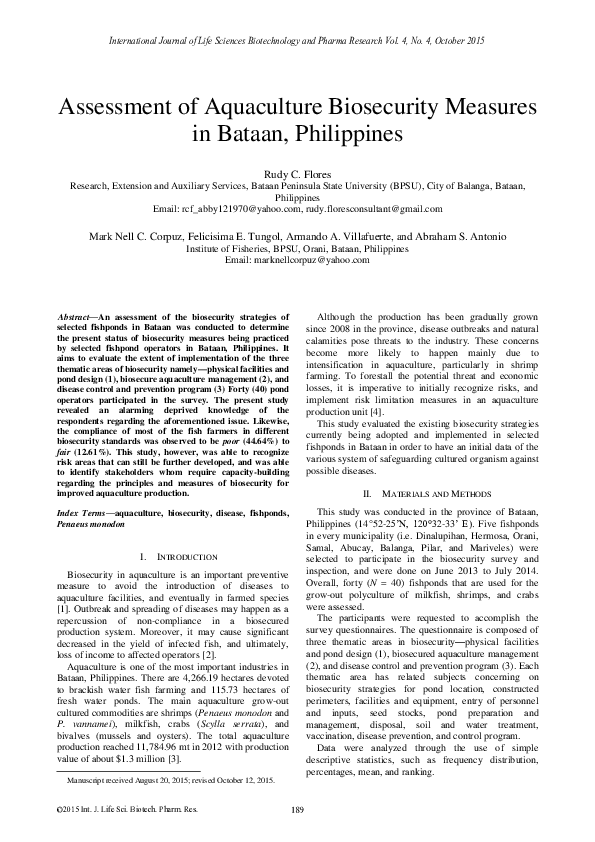 (PDF) Assessment of Aquaculture Biosecurity Measures in Bataan, Philippines