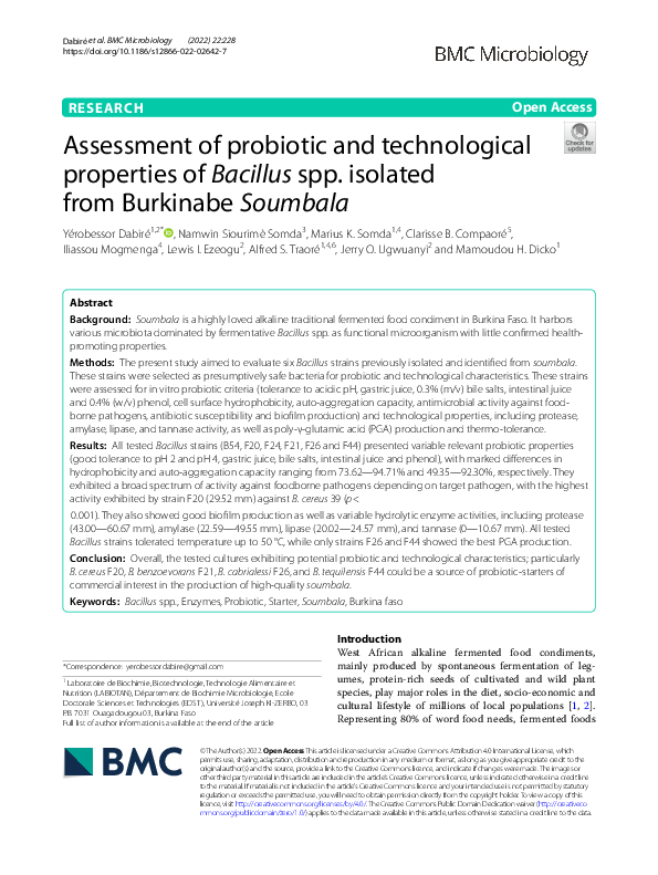 (PDF) Assessment of probiotic and technological properties of Bacillus ...
