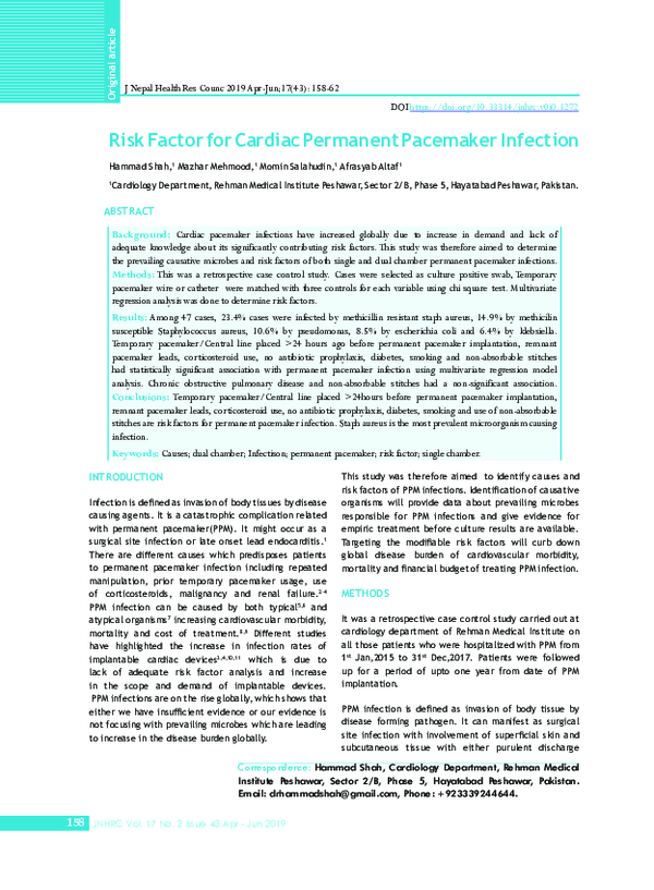 (PDF) Risk Factor for Cardiac Permanent Pacemaker Infection