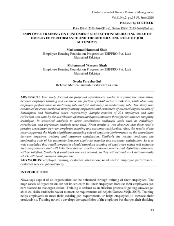 (PDF) Employee training on customer satisfaction: Mediating Role of Employee Performance and the ...