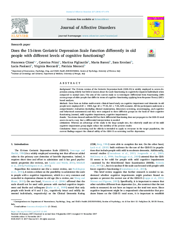 (PDF) Does the 15-item Geriatric Depression Scale function differently ...