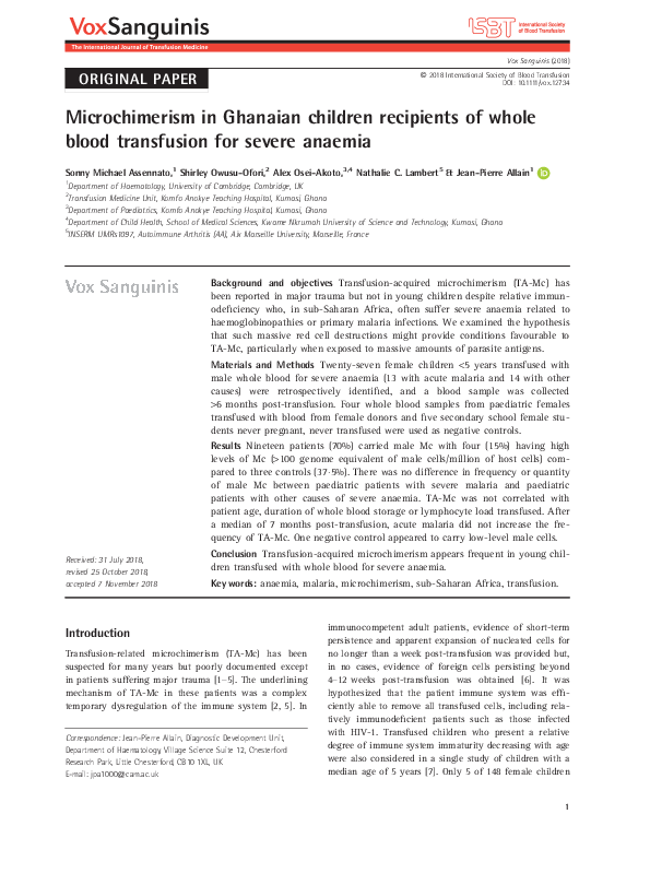 (PDF) Microchimerism in Ghanaian children recipients of whole blood ...
