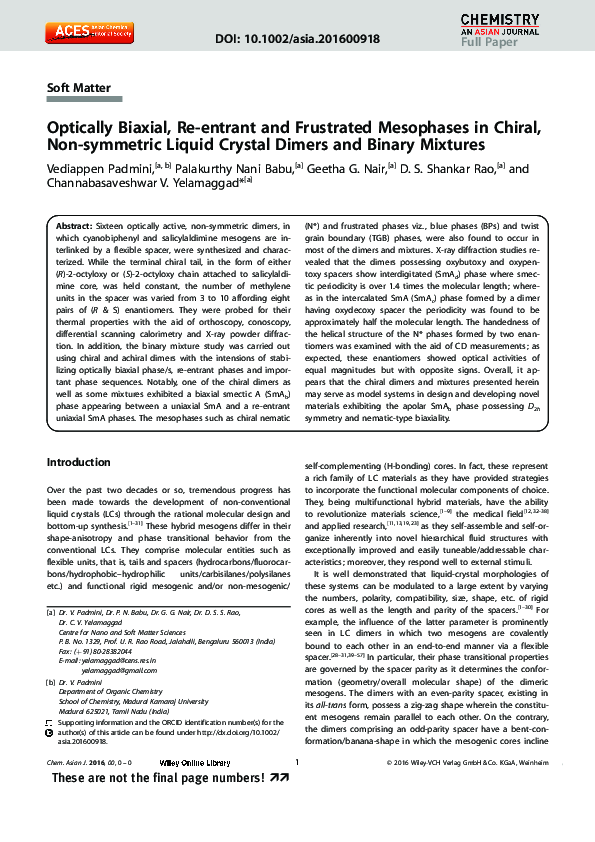 (PDF) Optically Biaxial, Re-entrant and Frustrated Mesophases in Chiral, Non-symmetric Liquid ...