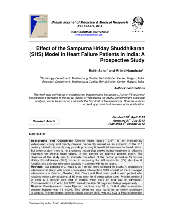 (PDF) Effect of the Sampurna Hriday Shuddhikaran (SHS) Model in Heart Failure Patients in India ...