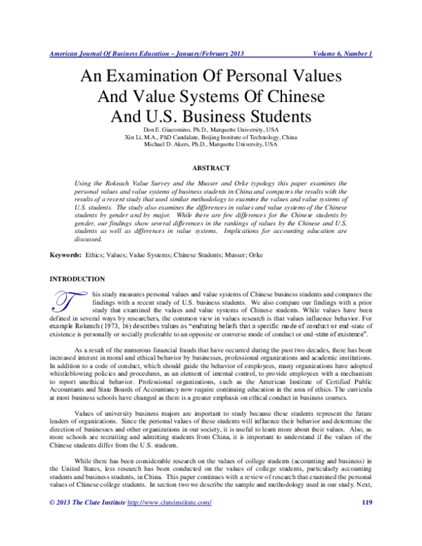 (PDF) An Examination Of Personal Values And Value Systems Of Chinese And U.S. Business Students
