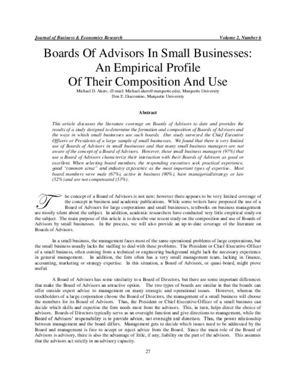 (PDF) Boards Of Advisors In Small Businesses: An Empirical Profile Of ...