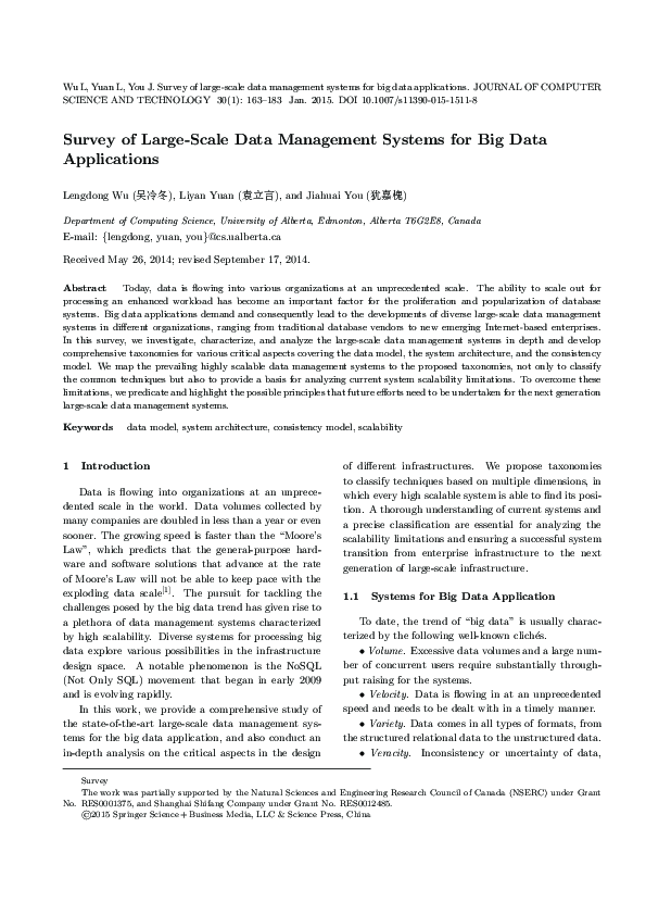 (PDF) Survey of Large-Scale Data Management Systems for Big Data Applications