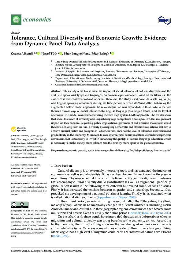 (PDF) Tolerance, Cultural Diversity and Economic Growth: Evidence from ...