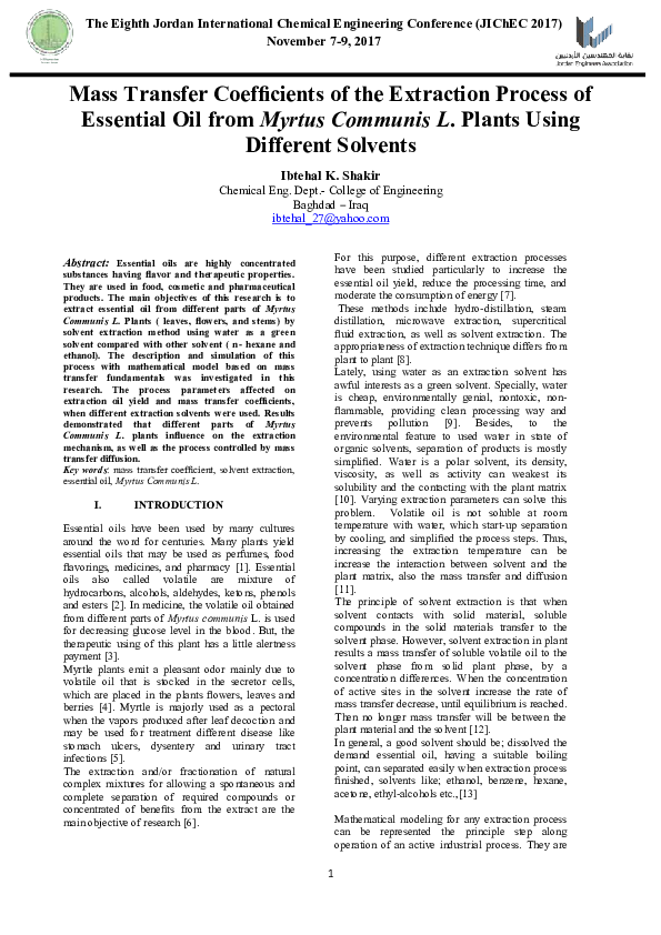 (PDF) Mass Transfer Coefficients of the Extraction Process of Essential ...