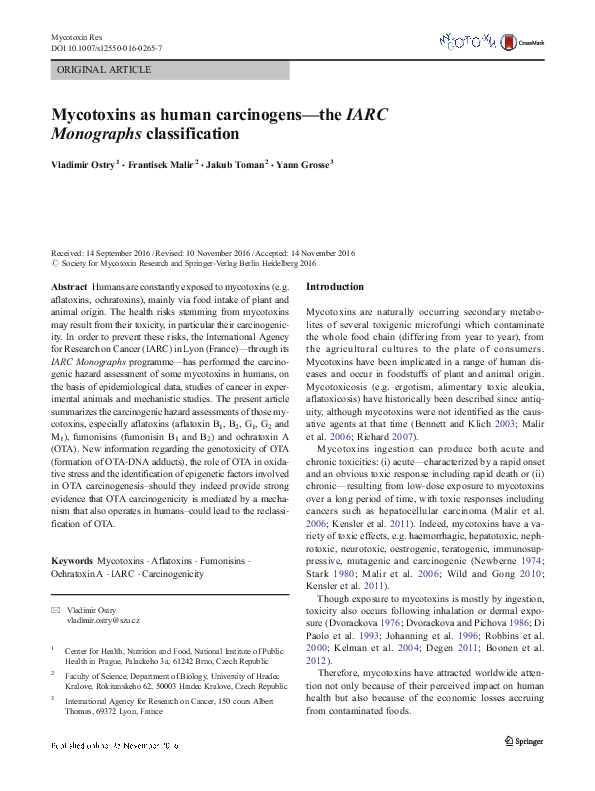 (PDF) Mycotoxins as human carcinogens—the IARC Monographs classification
