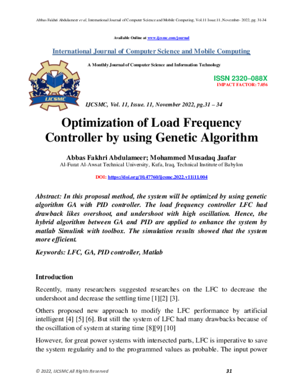 Pdf Optimization Of Load Frequency Controller By Using Genetic Algorithm