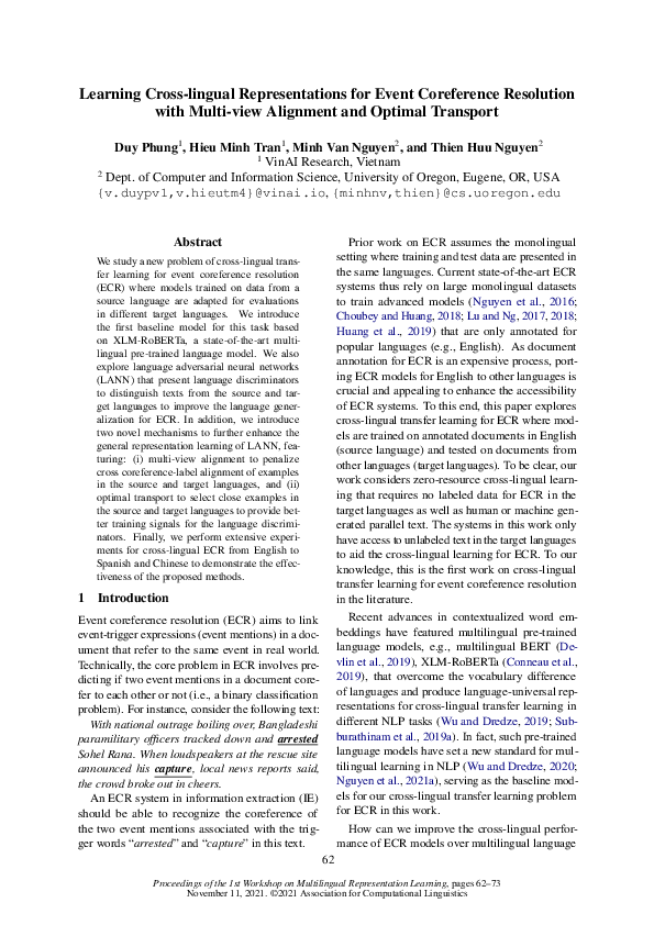 Pdf Learning Cross Lingual Representations For Event Coreference Resolution With Multi View