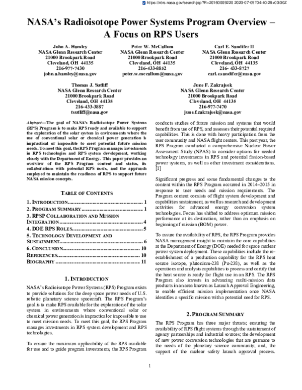 (PDF) NASA's Radioisotope Power Systems program overview — A focus on ...