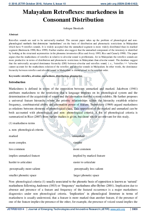 (PDF) Malayalam Retroflexes: markedness in Consonant Distribution