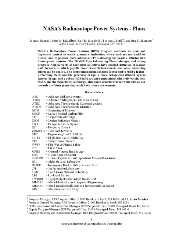 (PDF) NASA’s Radioisotope Power Systems - Plans