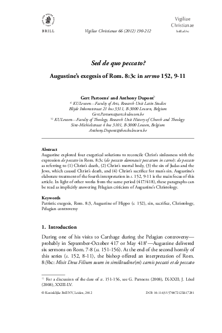 (PDF) Sed de quo peccato? Augustine’s exegesis of Rom. 8:3c in sermo ...
