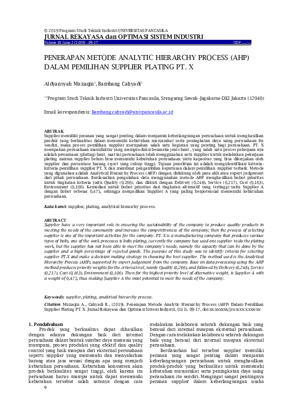 (PDF) Penerapan Metode Analytic Hierarchy Process (Ahp) Dalam Pemilihan Supplier Plating Pt. X